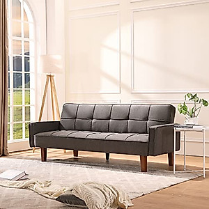 Anwickhomk 72" Convertible Folding Sofa Bed Futon,Modern Linen Fabric Sleeper Loveseat with 2 Pillows & Solid Wood Legs,Small Couch Bed Recliner Sofa for Living Room Apartment Office (Grey)