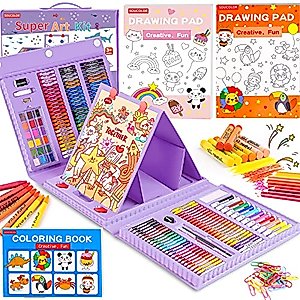 Soucolor Art Supplies, 283 Pieces Drawing Set Art Kits with Trifold Easel, 2 Drawing Pads, 1 Coloring Book, Crayons, Pastels, Arts and Crafts Gifts Case for Kids Girls Boys Teens Beginners (Purple)