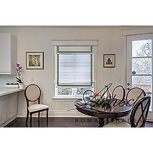 LOGANOVA Flat Roman Shade Chevalle Pine. Three sides light green border on white background. Includes valance and chain mechanism. Custom made.