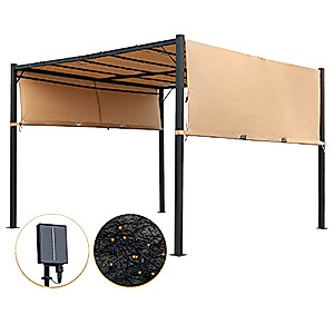 Pergolas Gazebo for Patios 10 * 10 Metal Gazebo Canopy Tent with Sliding Adjustable Canopy Weather-Resistant Fabric Quality Materials Solar Powered Led for Patio Outside Garden Backyard,Tan