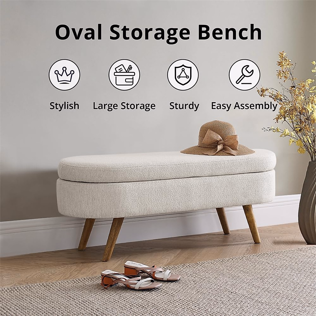 TRIPLE TREE 43.5" Storage Ottoman Bench with 250lb Seating, Linen Upholstered Wood Legs Safety Hinge Flip Top Oval Foot Rest Long Stool for Sofa Couch Bedroom End of Bed Living Room Entryway, Beige
