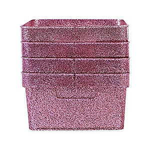 Isaac Jacobs Small Glitter Storage Bin (10” x 7.5” x 4.25”) Set w/Cut-Out Handles, Plastic Organizer, Multi-Functional, Home Storage Solution, Kids Playroom, Bedroom, Closet (4, Pink)