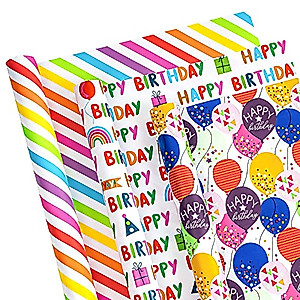 WRAPAHOLIC Birthday Wrapping Paper Roll - Mini Roll - 3 Rolls - 17 Inch X 120 Inch Per Roll - Colorful Balloons, Stripes, Happy Birthday for Party, Celebration, Baby Shower