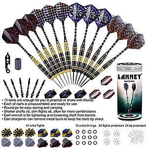 LANNEY Darts Metal Tip Set, 24 Grams and 20 Grams Tipped Metal Darts Steel Tip Set Professional with Aluminum Shafts, Brass Barrels, Sharpener Tool Kit, Carrying Case, Extra Dart Flights Accessories