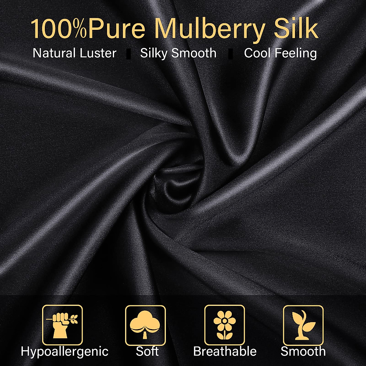 Smbeope 100% Mulberry Silk Pillowcase 2 Pack for Hair and Skin,with Hidden Zipper,Both Sides 22 Momme Natural Silk Pillow Cover,Soft Breathable & Smooth (Black, Queen)