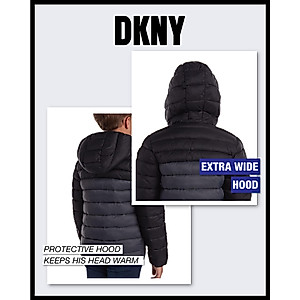 DKNY Boys Jacket – Midweight Insulated Quilted Outerwear Parka Puffer Coat – Water Resistant Boys Winter Hooded Jacket (8-20), Size 10-12, Charcoal/Black