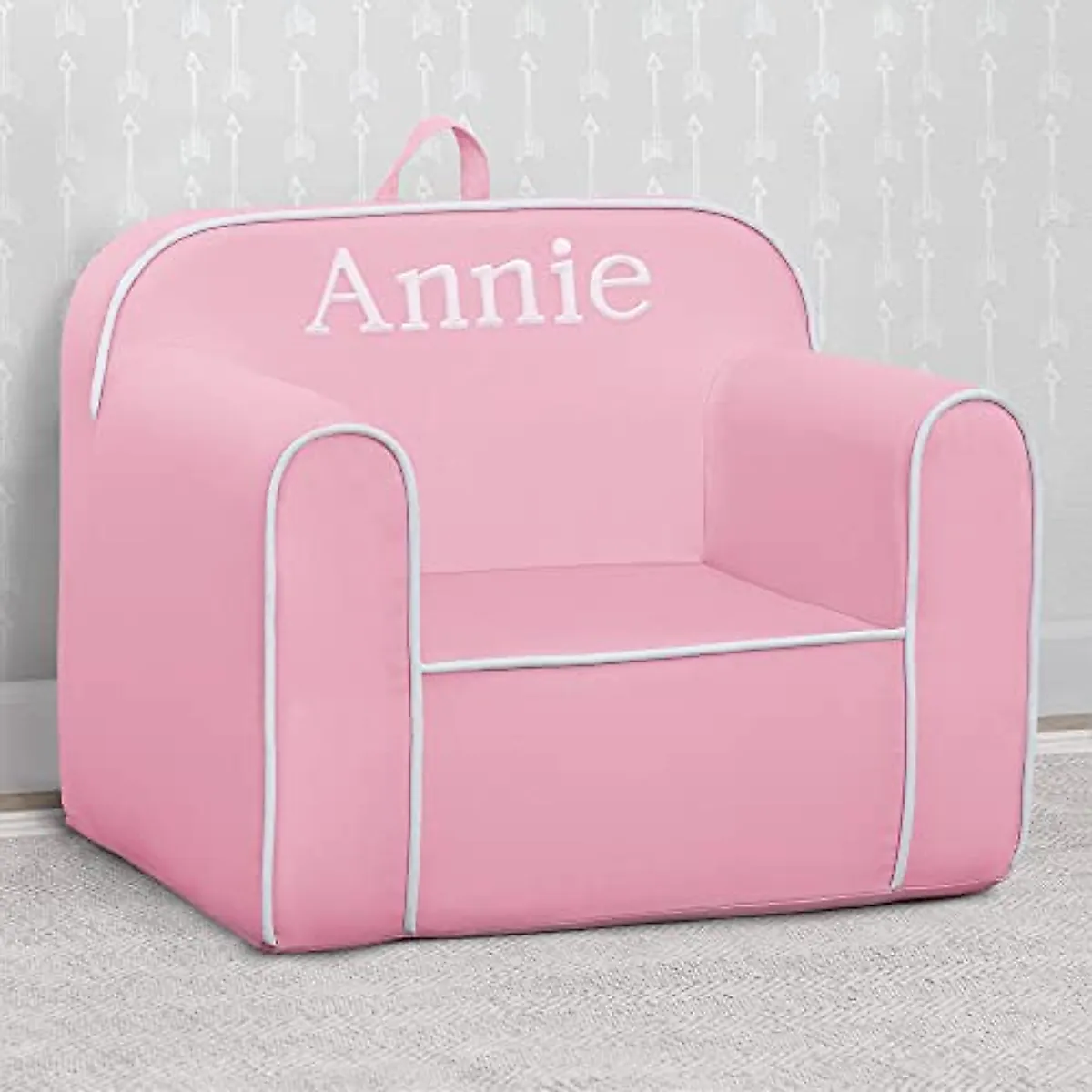 Delta Children Cozee Chair for Kids - 1 Seater Foam Toddler Couch can be Personalized with Name, Has Removable Cover for Easy Machine Washing (25x18x20.5 Inches, Pink and White)