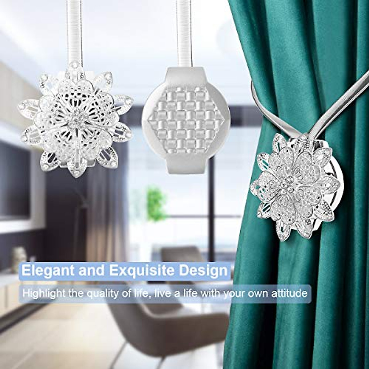 AULEEP Magnetic Curtain Tiebacks, 4 Pack Magnetic Decorative Drapes Curtain Clips Buckle, Flower Curtain Tie Back, European and American Style (Silver)