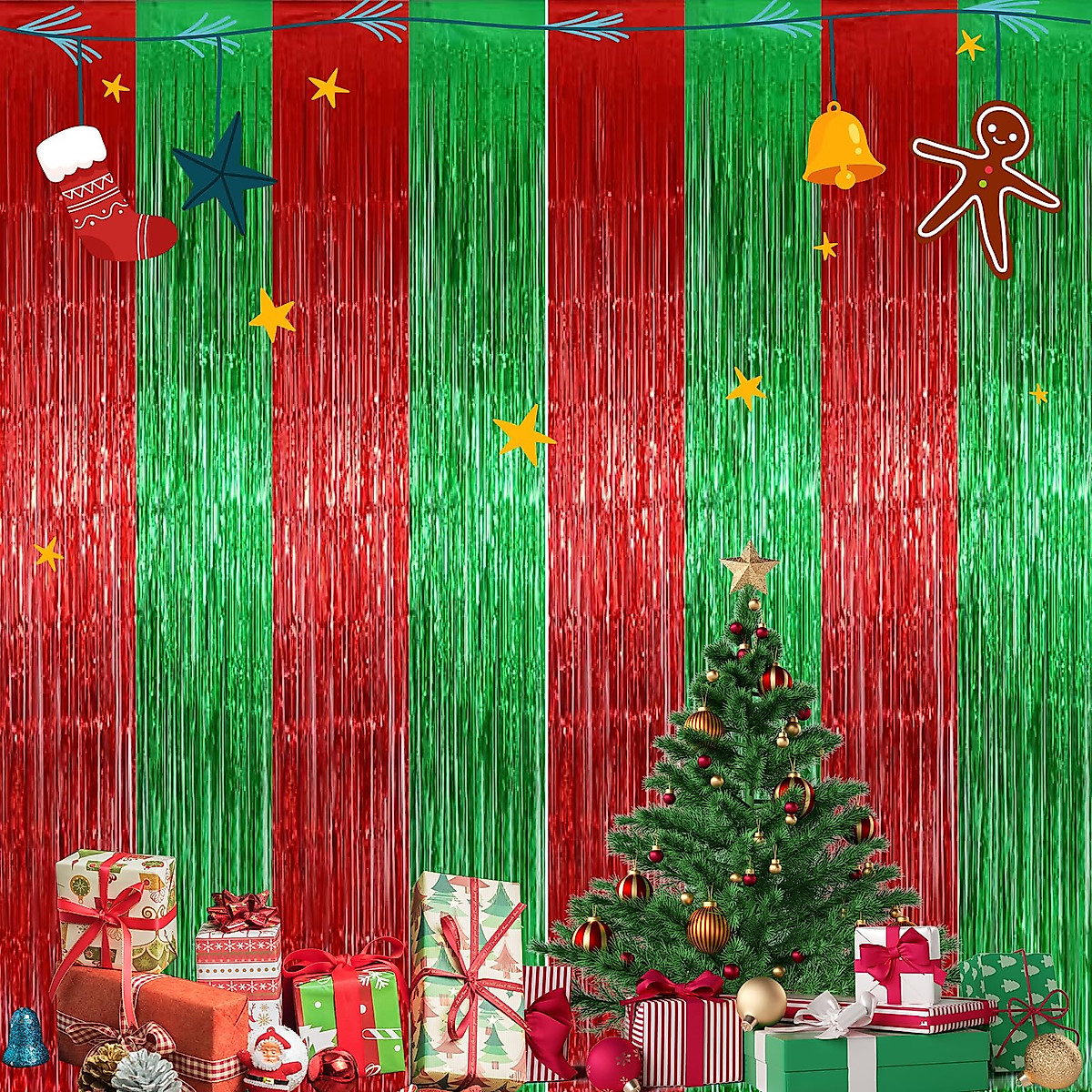 2 Pack 3.2ft x 9.8ft Christmas Metallic Foil Fringe Curtain, Red Green Tinsel Curtains Streamer Large Party Photo Booth Props Backdrops for Happy New Year Birthday Wall Door Indoor Outdoor Decorations