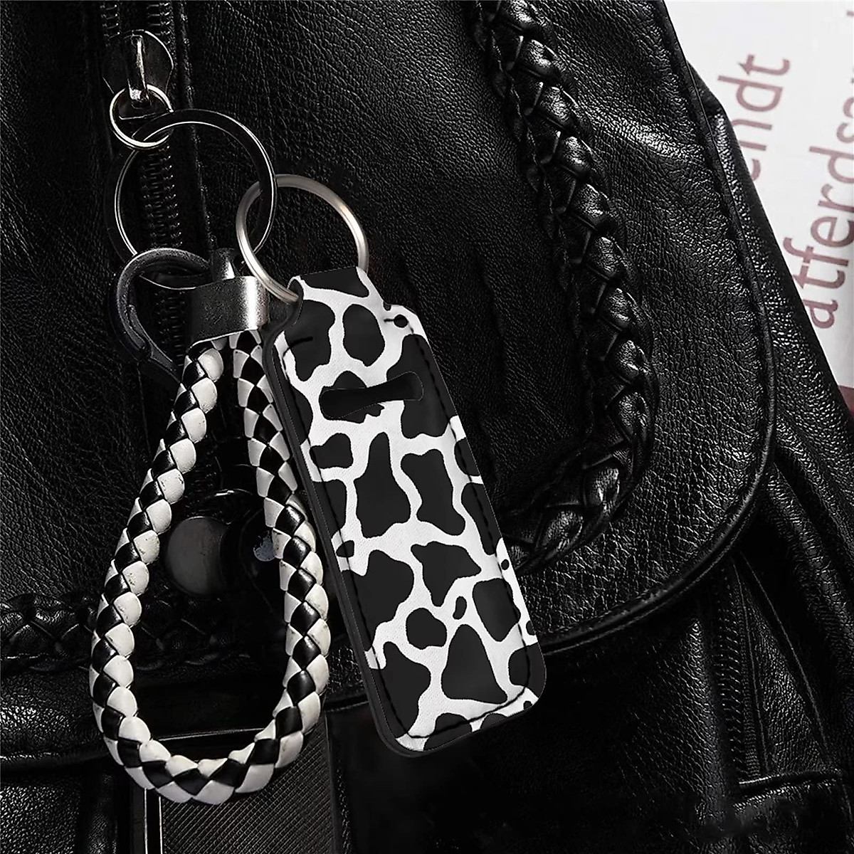 Suobstales Cow Print Chapstick Holder Keychain Neoprene Lip Balm Holder Black White Animal Print Lip Gloss Keychain Portable Chapstick Tubes Holder Pocket Keychain Bag Lipstick Case