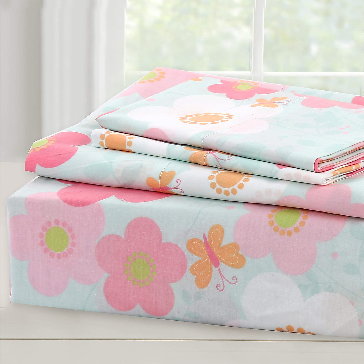 Danica 3-Piece 100% Cotton Toddler Sheet Set for Boys & Girls, Includes Top Sheet, Fitted Sheet, Standard Pillow Case (Pink Flower)