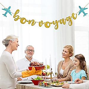 Halodete Bon Voyage Banner, Retirement Banner, Farewell, Going Away, Adventure Awaits Celebration Party Garland Bunting Decorations - Gold Glitter