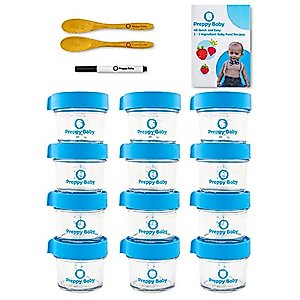 PreppyBaby 4 oz Glass Baby Food Storage Containers with Lids - Pack of 12 Reusable Dishwasher & Microwave Safe Food Jars w/ 2 Bamboo Infant Spoons, Recipe Booklet & Non-Toxic Easy Erase Marker (Blue)