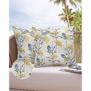 Outdoor Throw Pillow Cover Farmhouse Yellow Berry Blue Plant Waterproof Cushion Covers 2 Pack Boho Botanical on Beige Pillow Cases Home Decoration for Patio Garden Couch Sofa