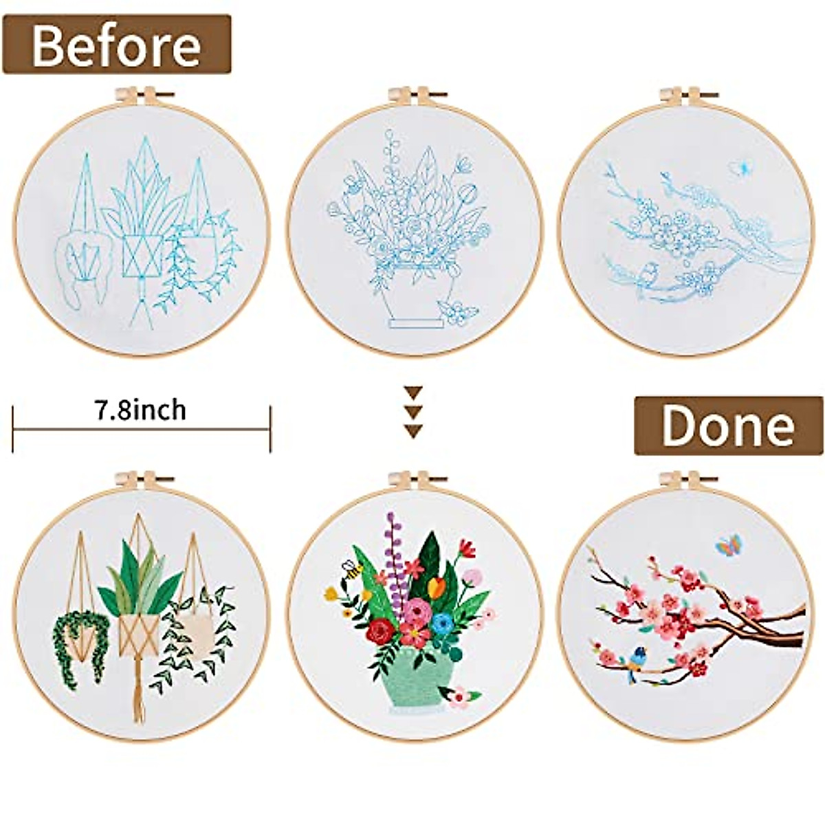 Nuberlic 3 Sets Stamped Embroidery Starter Kit with Instruction for Adults Beginners, Cross Stitch Kits Include Embroidery Needlepoint Cloth Hoops Needles and Threads