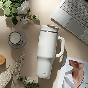 Zak Designs Harmony 2-in-1 Coffee Tumbler for Travel or At Home, 40oz Recycled Stainless Steel is Leak-Proof When Closed and Vacuum Insulated with Handle (Linen White)