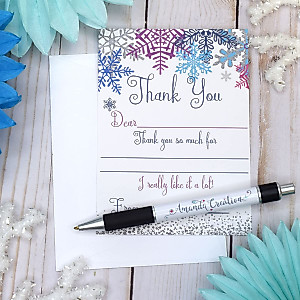Winter Snowflake Birthday Thank You Notes, Ten 4" x 5.5" Fill In The Blank Cards with 10 White Envelopes by AmandaCreation
