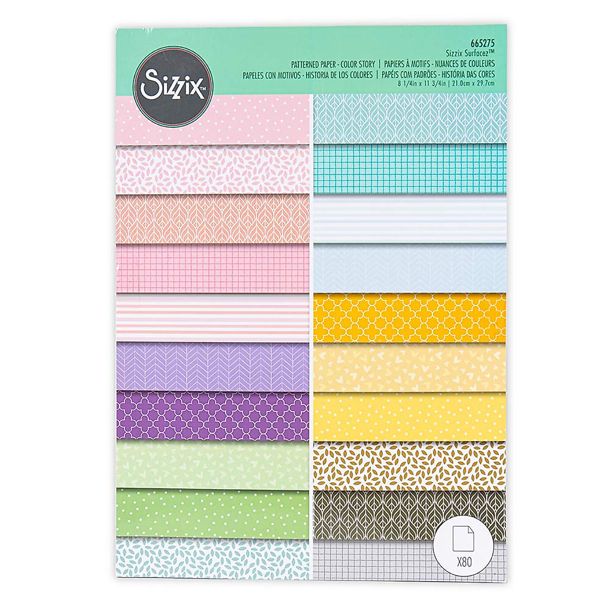 Sizzix Surfacez Patterned 665275, Double Sided Scrapbook Paper, 20 Colours, 8 1/4" x 11 3/4", 80 Pack, Multicolor