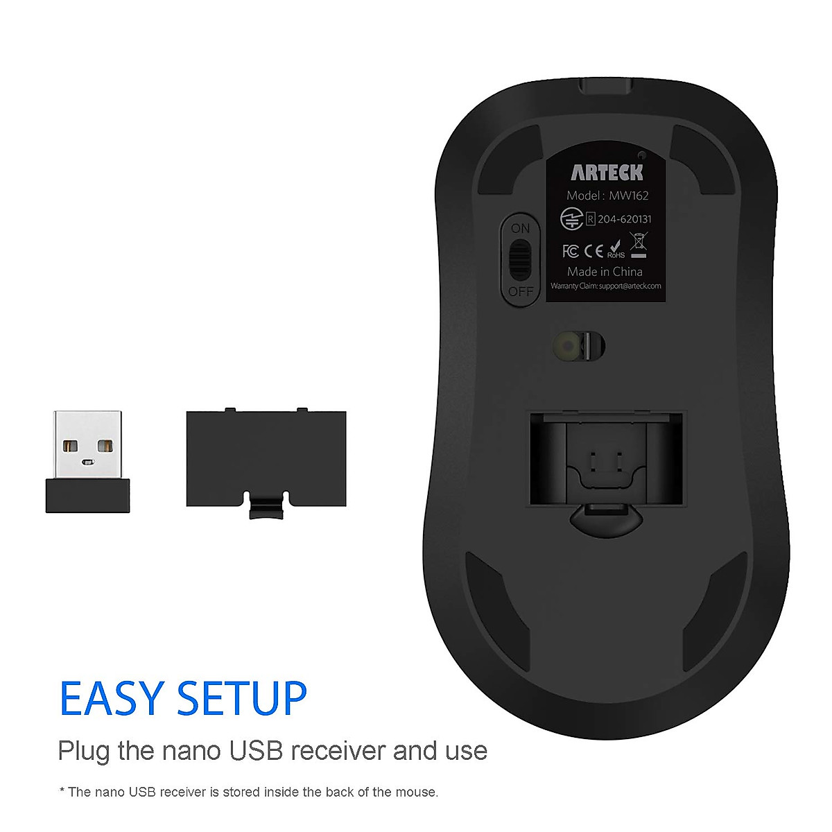 Arteck 2.4G Wireless Mouse with Nano USB Receiver Ergonomic Design Silent Clicking for Computer/Desktop/PC/Laptop and Windows 10/8/7 Build in Rechargeable Battery (Black)