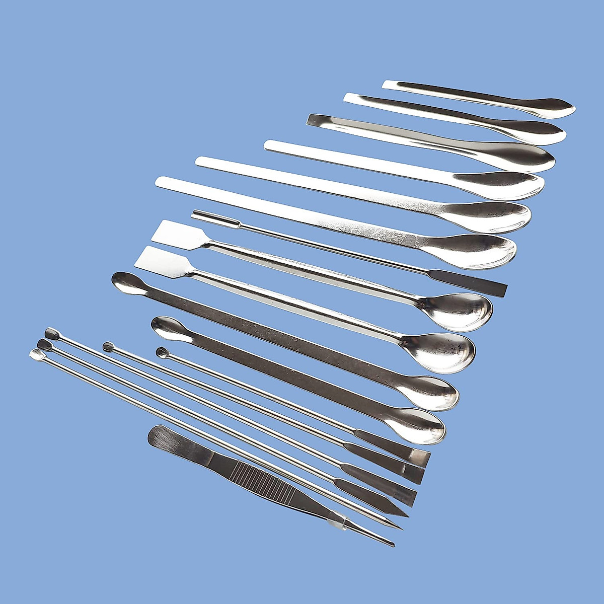 JENSWILL 17 Pieces Stainless Steel Lab Spatula Micro Scoop Tweezers Kit Laboratory Sampling Spoon Mixing Spatula for Gel Cap Filler Reagent Powders with Box