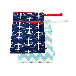 Waterproof Wet Dry Diaper Bags. 2 Pockets, Washable, Reusable for Beach, Pool, Daycare, Stroller, Snowboard Travel, Cloth Towel 12”x14” 2 Pieces (Navy Blue & Aqua)