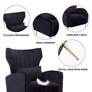 chairus Wingback Velvet Accent Chairs Set of 2, Modern Living Room Armchairs Comfy Upholstered Single Sofa Chair for Bedroom Dorms Reading Reception Room with Gold Legs & Small Pillow, Black