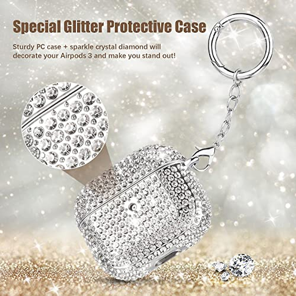 Airpods 3 Case, Filoto Bling Crystal AirPod 3rd Generation Case Cover for Women Girls, Cute Sturdy Air Pod 3 Protective Accessories with Lobster Clasp Keychain(Silver)