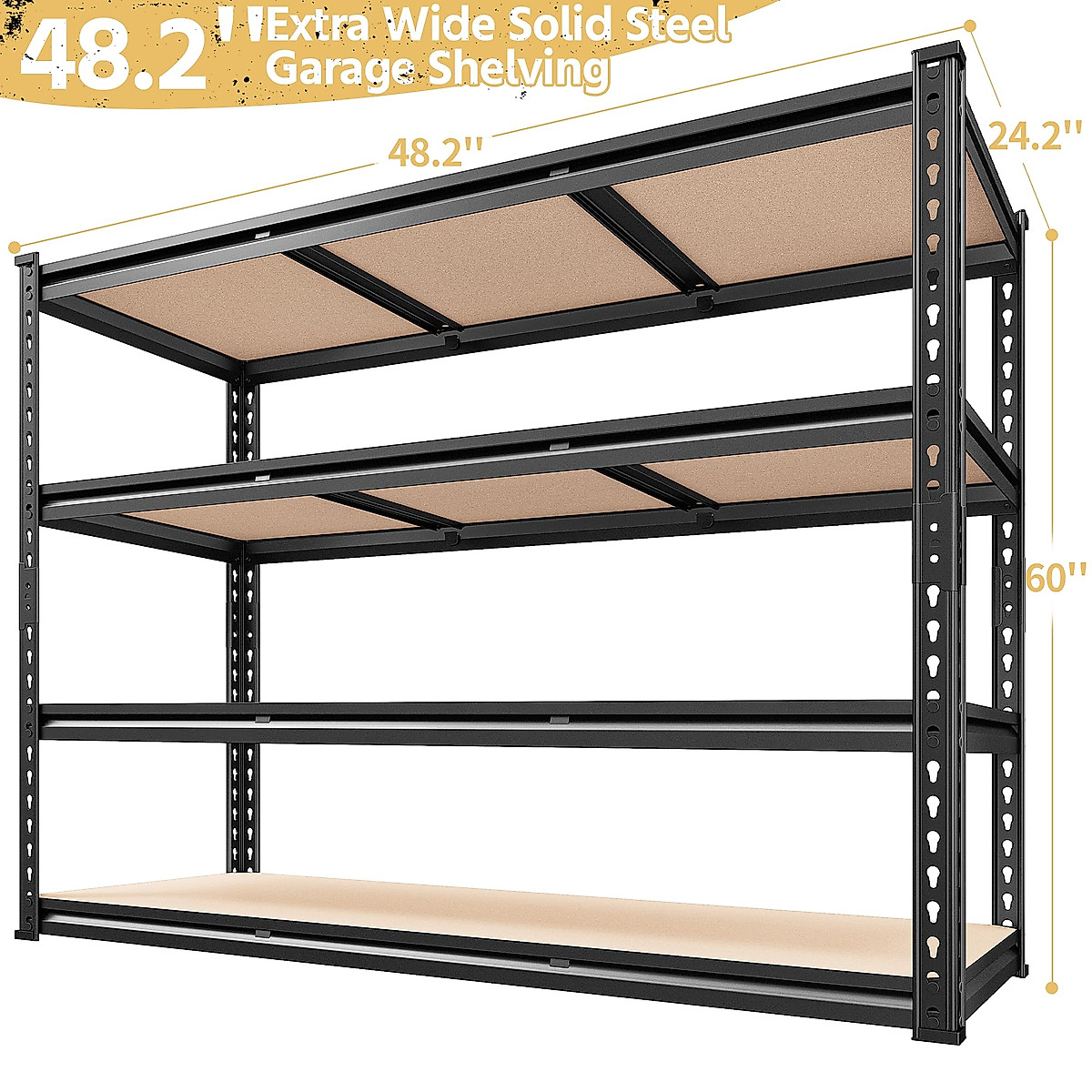 REIBII 48.2''W Storage Shelves Heavy Duty Garage Shelving 2500LBS Garage Shelves Adjustable Storage Shelves 4 Tier Metal Shelves for Storage Rack Industrial Metal Shelving Unit, 48.2"W X 24.2"D X 60"H