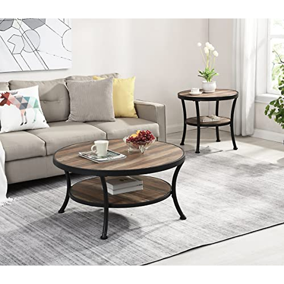 O&K FURNITURE Rustic Round Coffee Table for Living Room, 2 Tier Industrial Cocktail Table with Open Shelving, Vintage Brown Finish,1-PC