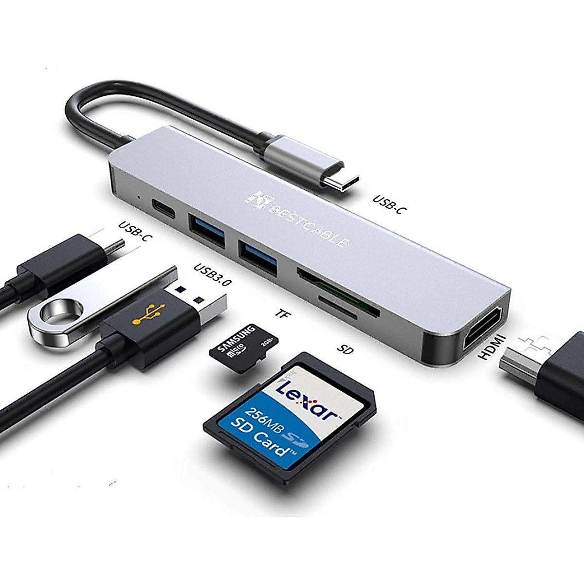 BEST CABLE USB C Hub Multiport Adapter - 6 in 1 Portable with 4K HDMI Output, 2* USB 3.0 Ports, SD/TF Card Reader,USB C 100W PD, Compatible with MacBook Pro, XPS More USB C Devices