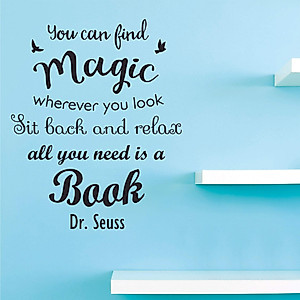 Book Reading Motivation Quotes Wall Sticker Vinyl Decal for Girls Boys Kids Library Bedroom Nursery Daycare Kindergarten Story Home Decor Sticker Wall Art Vinyl Decoration Size (10x8 inch)