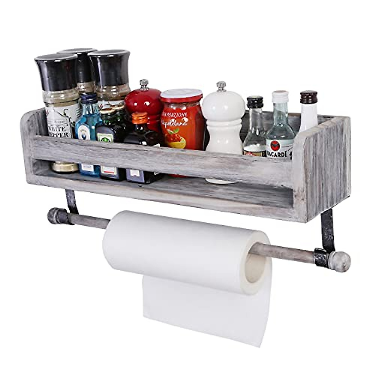 Satauko Wooden Floating Shelves with 8 Hooks for Kitchen Spice Rack, Wall Mounted Shelf with Towel Bar for Bathroom Organizer, Wall Hanging Book Shelves for Nursery Storage.(Grey)