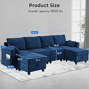 Unovivy 112.6" Modular Sectional Sofa, Convertible U Shaped Module Storage Reversible Ottomans, 6 Seater Corduroy Velvet Couch for Living Room, Blue
