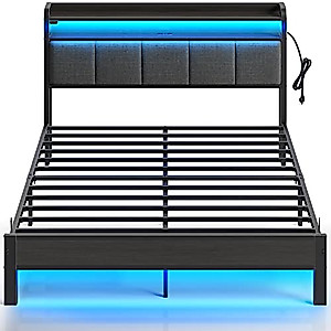 Rolanstar Bed Frame Queen Size with Charging Station and LED Lights, Upholstered Headboard with Storage Shelves, Heavy Duty Metal Slats, No Box Spring Needed, Noise Free, Easy Assembly, Dark Grey