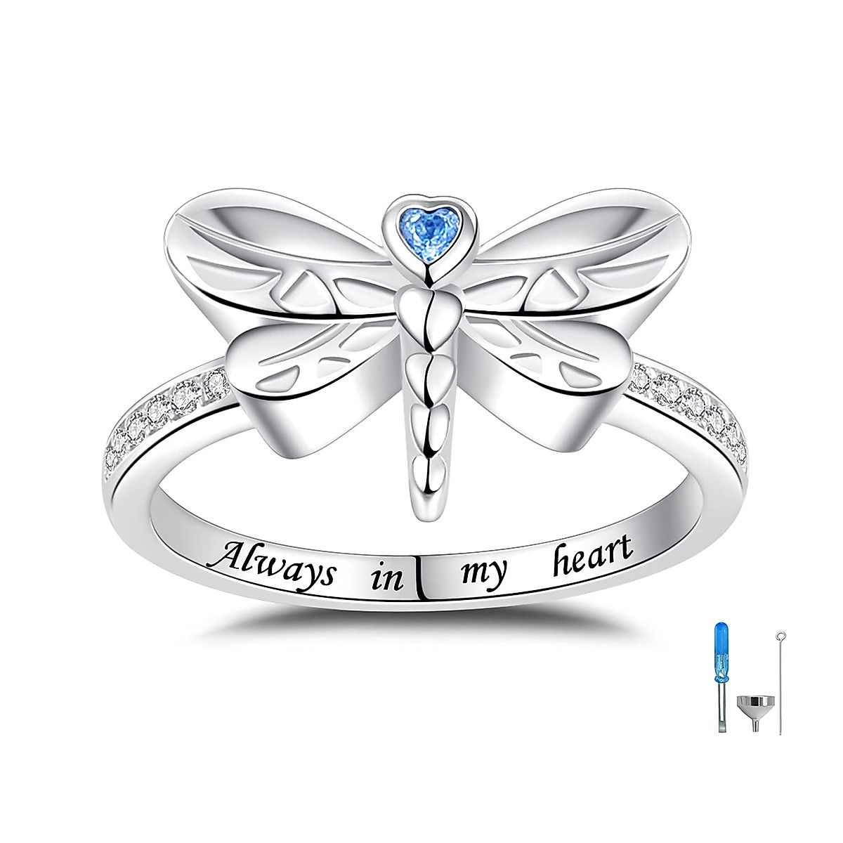Sterling Silver Dragonfly Urn Ring Always in My Heart Women Ring Animal Memorial Keepsake Cremation Ash Jewelry for Loss of a Loved One
