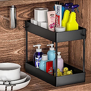 Under Sink Organizer, Under Bathroom Sink Storage 2 Tier Organizer Bath Collection Baskets with Hooks, Black Under Sink Shelf Organizer Rack, Multi-purpose Under Sink Storage for Bathroom Kitchen
