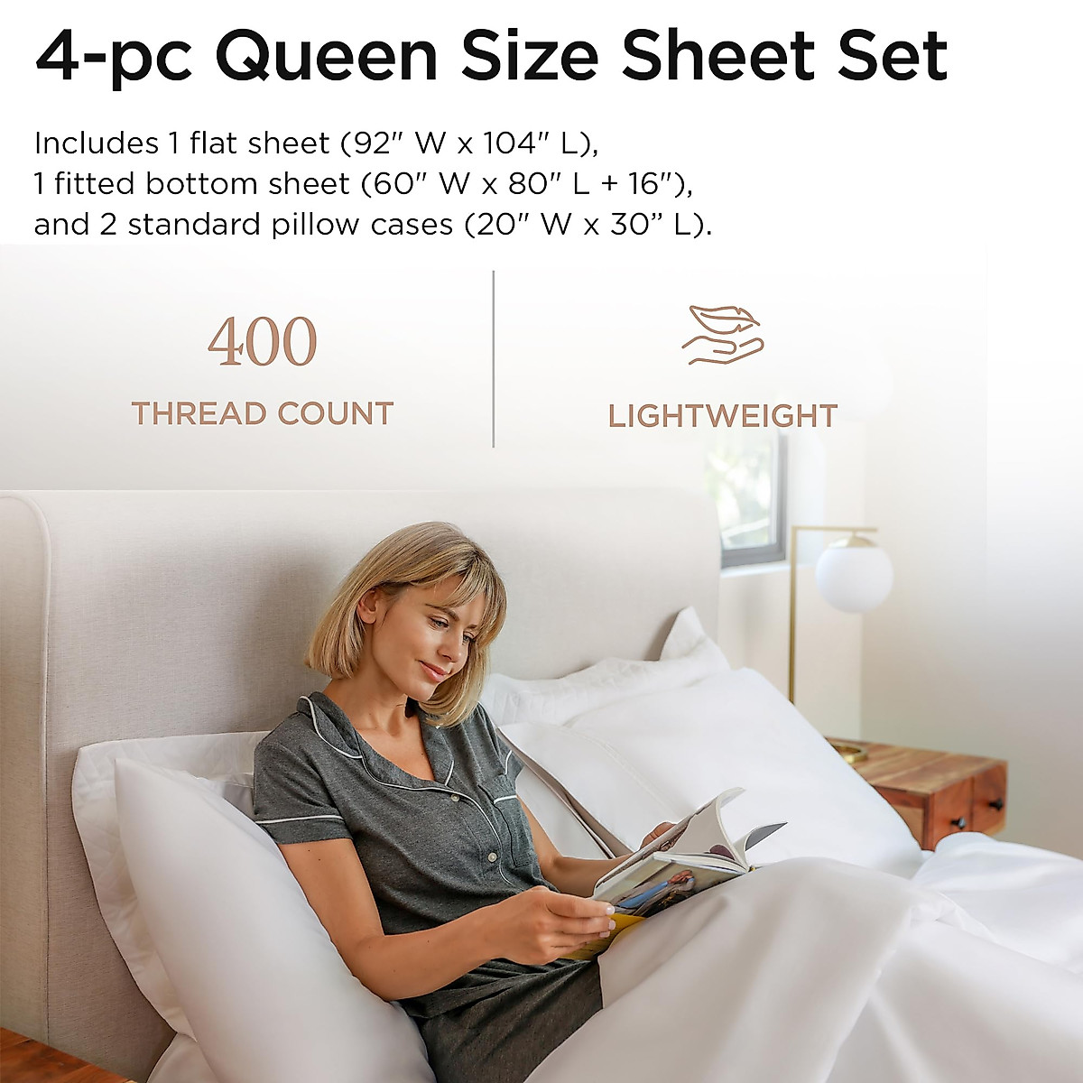 Threadmill Egyptian Cotton Queen Sheet Set | 100% Certified Egyptian Cotton Sheets for Queen Size Bed | Queen Bed Sheets Set with Snug Fit 16" Deep Pocket | Soft Cooling Sateen Bedding Set | White