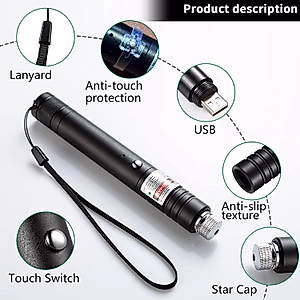 Cyahvtl Laser Pointer, 2000 Metres Green Long Range High Power Handheld Flashlight, Rechargeable Laser Pointer for USB, with Star Cap Adjustable Focus Suitable for Projecto