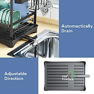 Xdsirone Dish Drying Rack, 2-Tier Dish Rack with Drainboard Cutlery Holder Cup Holder, Rustproof Dish Drainer for Kitchen Counter