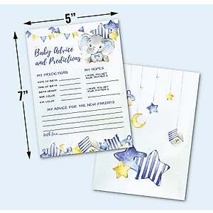 50 Deluxe Blue Elephant Advice and Prediction Cards- Large Double Sided 5 x 7 Inch for Baby Boy Shower Game, New Parent Message Book, Mom & Dad to Be, Decorations Activities Supplies Invitations