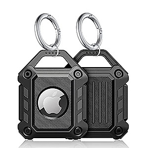 [2 Pack] LUSTAM Airtag Keychain Holder Case with Key Ring Loop, Polycarbonate Fullbody Shockproof Drop Proof Rugged Protector Hard Case for Apple Air Tag Finder - Black