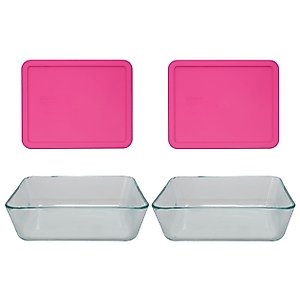 Pyrex (2 7212 Glass Dishes & (2) 7212-PC Berry Pink Lids Made in the USA