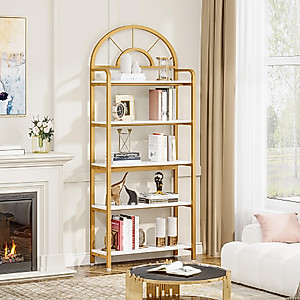 Tribesigns White and Gold Arched Bookshelf 5 Tier Bookcase, Gold Shelves for Living Room Freestanding Tall Display Shelf, Decorative Shelf for Bedroom