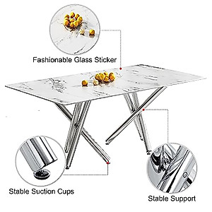 WOXYX Modern Large Simple Rectangular Glass Dining Table for 6-8 People with 0.39-inch White Imitation Marble Desktop and Silver Metal Legs, Black