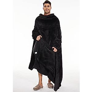 TITIZLK Wearable Blanket Adult, Super Soft Faux Fur Throw Blanket, 61x80, with a Foot Pocket, Large, Blanket with Sleeves, (Black, 62x80)