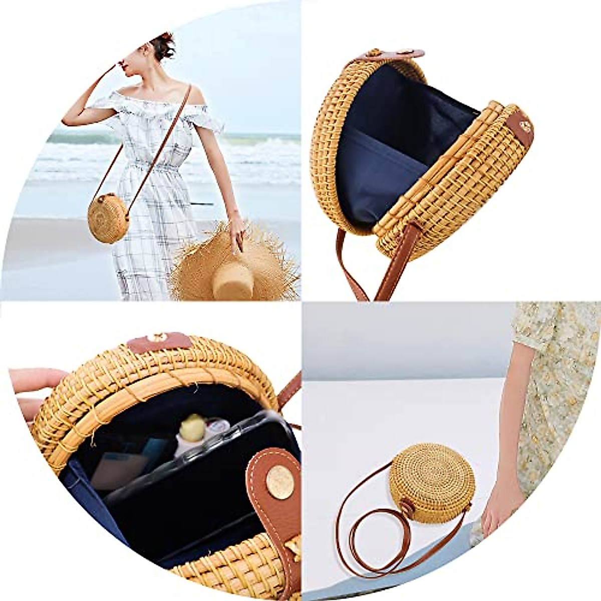 WYBG Handwoven Boho Rattan Bag with Leather Strap Round Circle Woven Wicker Chic Women Handbag Handmade Bali Ata Shoulder Bag Weave Crossbody Bag Wicker Straw Purse for Women Girls