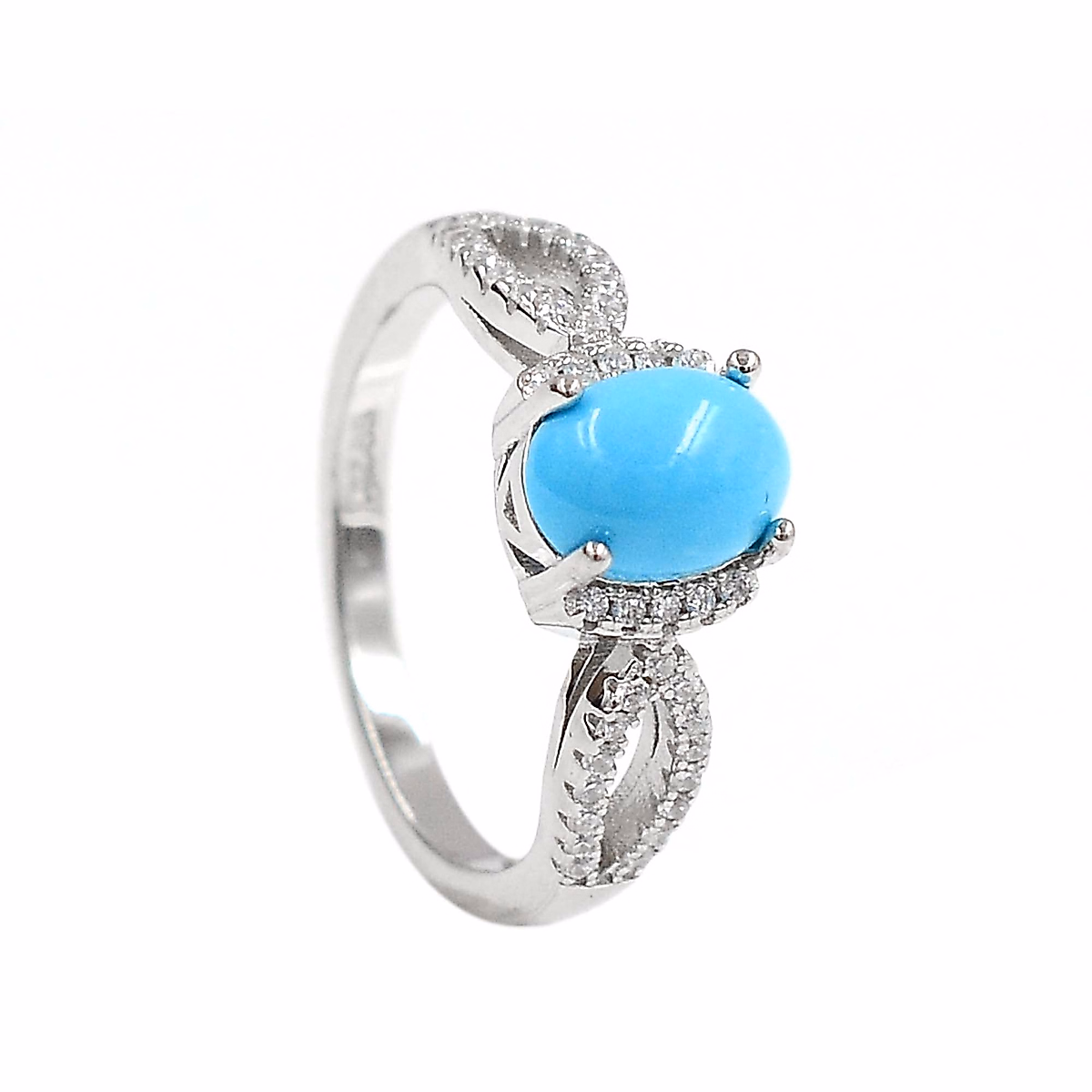 8X6 MM Oval Natural Blue Turquoise Cabochon 925 Sterling Silver December Birthstone Solitaire Unisex Proposal Ring Valentine Day Gift For Girlfriend Gift (Rhodium Plated Silver, 8)