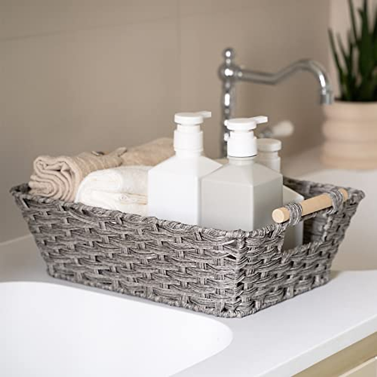 ROSOS Wicker Baskets 2 Pack, Washable Big Wicker Baskets for Storage with Wooden Handles, Waterproof Plastic Wicker Storage Basket for Shelves, Large Wicker Basket in Size 14.5"x10.6"x4.5", Grey