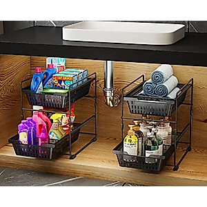 Under Sink Organizer,Bathroom Organizer Under Sink with Sliding Basket,Under Sink Cabinet Organizer Rack For Kitchen,Toilet,Sturdy,Anti-Rust Black
