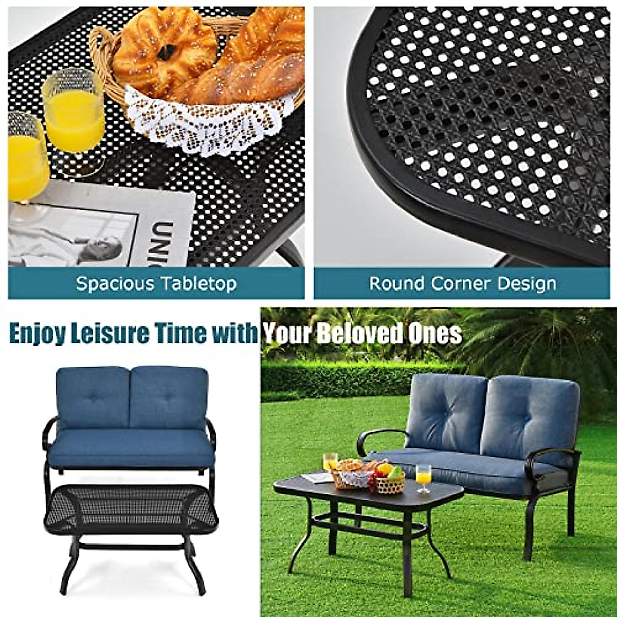 Tangkula Patio Loveseat with Table Set, 2 Seat Cushioned Sofa with Coffee Table, Patio Conversation Sofa Set with Rustproof Frame, 2 Pieces Outdoor Furniture Set for Garden, Poolside, Balcony (Blue)